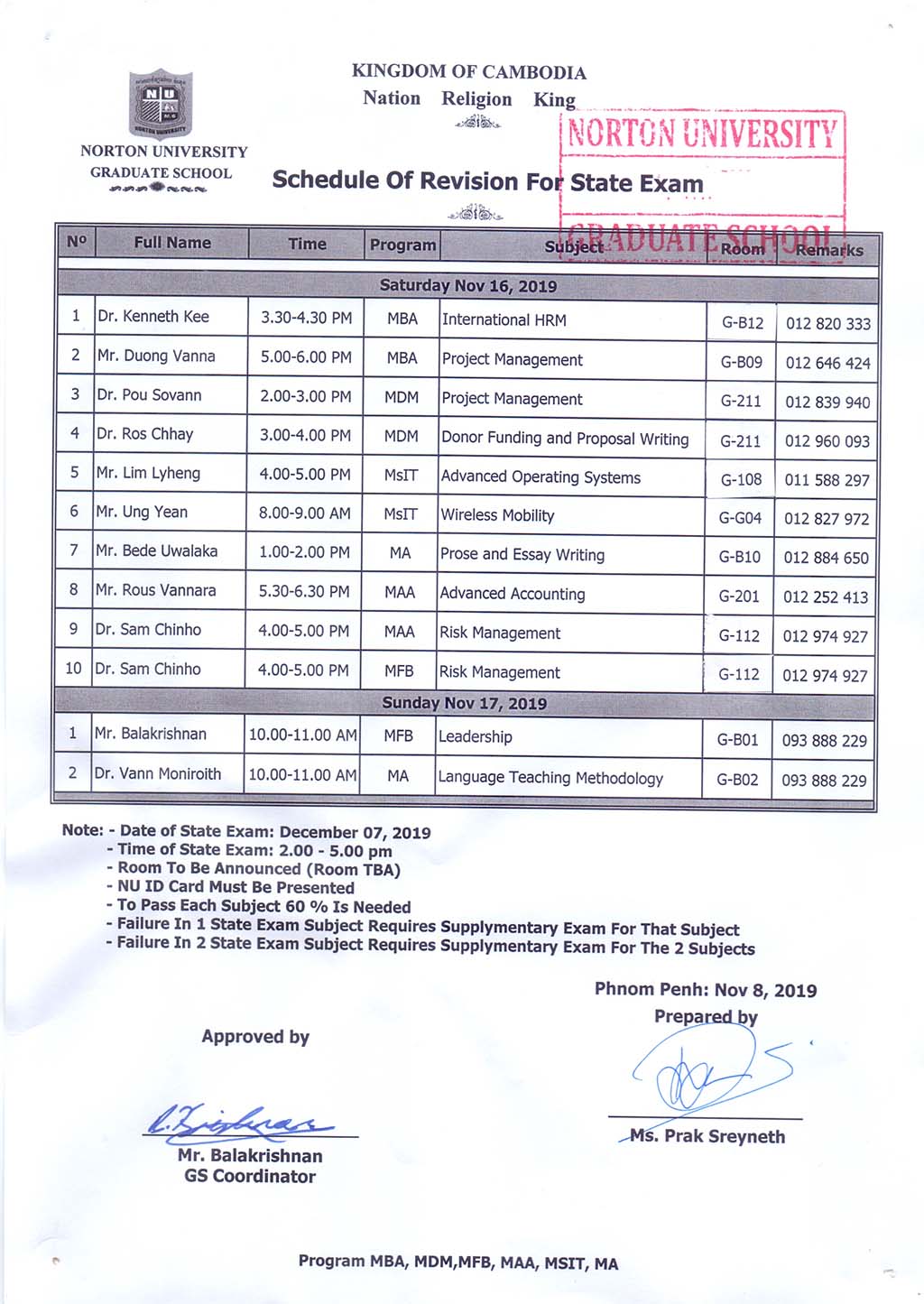 Updated! Schedule of Revision for State Exam (Graduate School) December ...